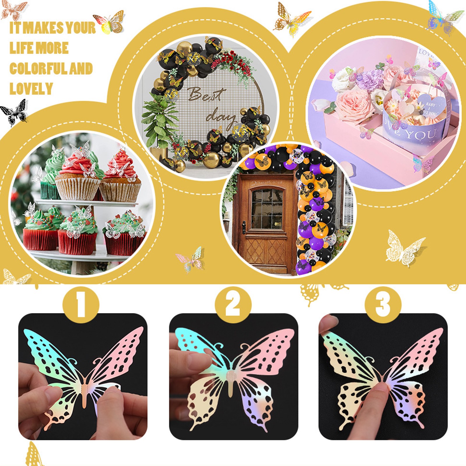 Clearance!TAKTUK Wall Art,12Pcs 3D LaserButterfly Wall Decorations 3 Sizes 6Styles 4 Coloer ...